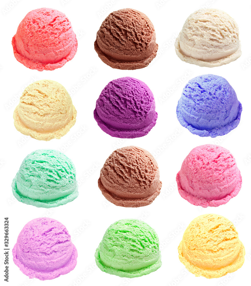 Vanilla, strawberry, chocolate, yellow ice cream scoops from top view ...