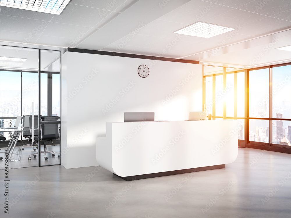 Blank white reception desk in concrete office with large windows Mockup ...