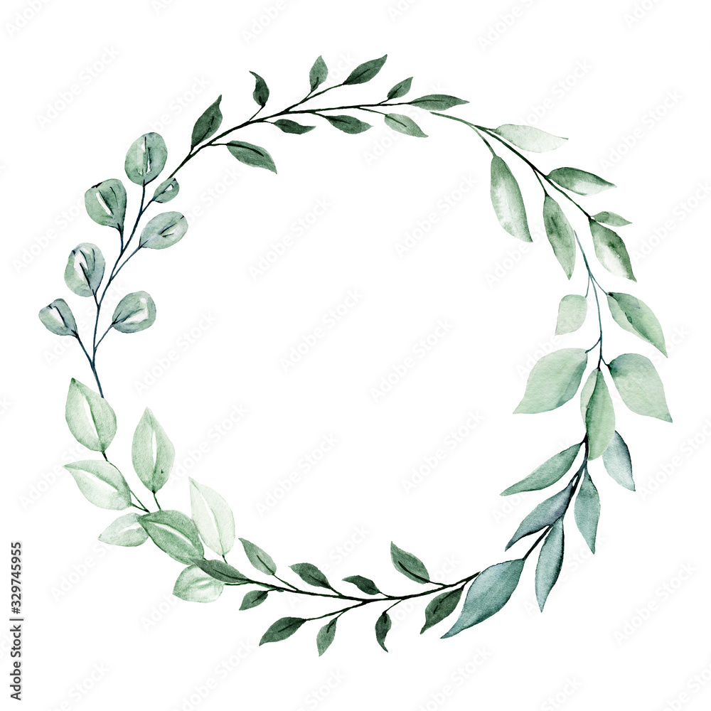 Wreath of watercolor leaves, floral frame, green leaf clip art. Print ...