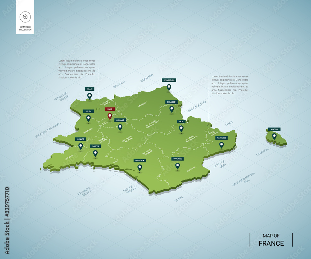 Stylized map of France. Isometric 3D green map with cities, borders ...