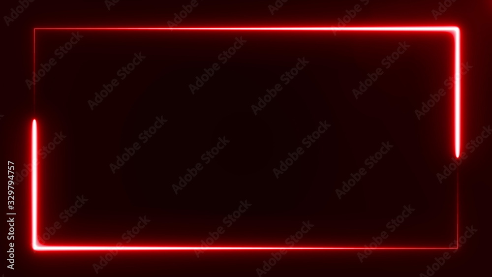 beautiful bright red light neon rectangle frame on black background ...