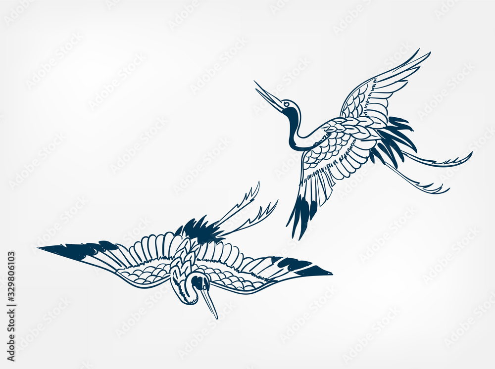 crane japanese vector sketch illustration engraved chinese 素材庫向量圖 ...