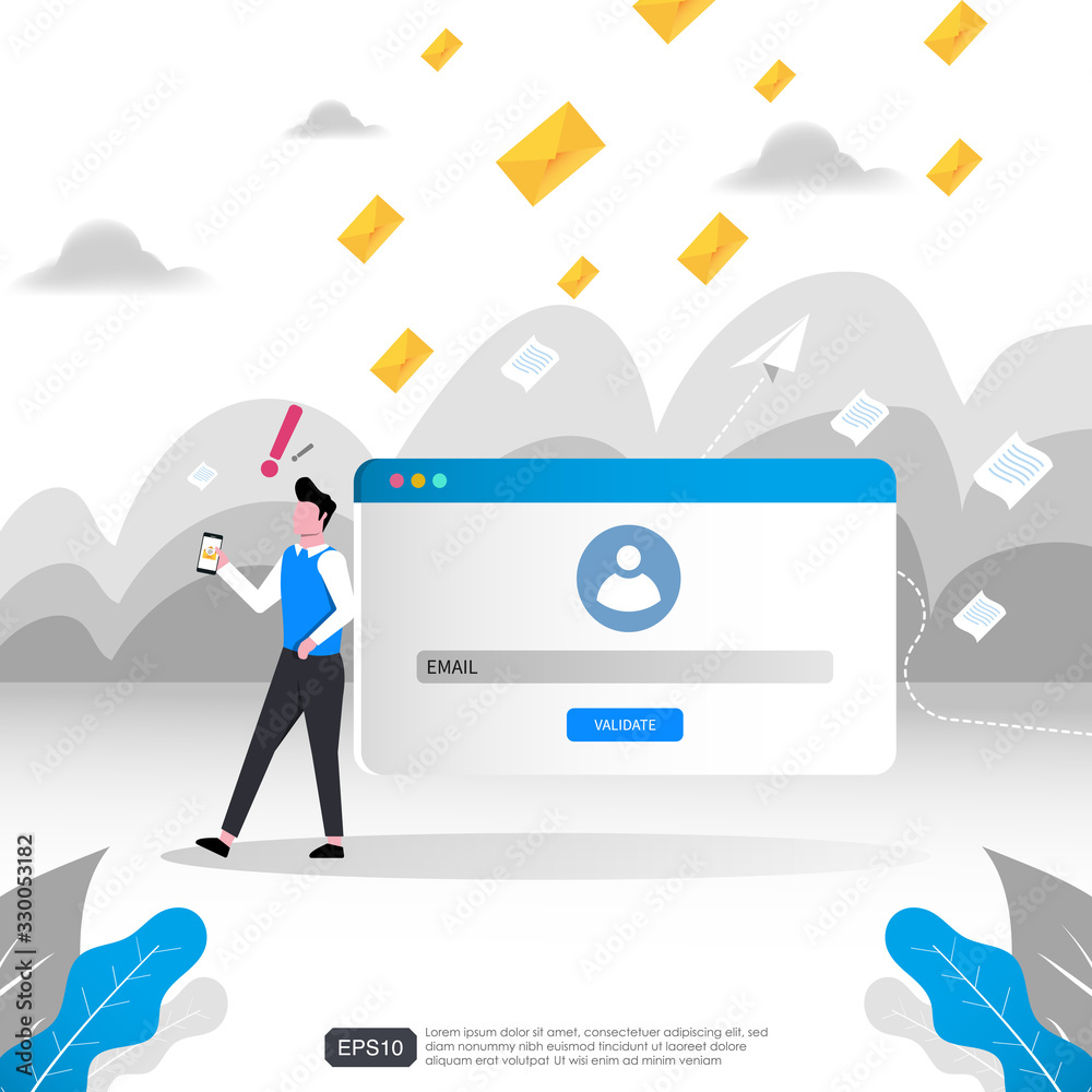 email validation concept. man character holding smartphone with login ...