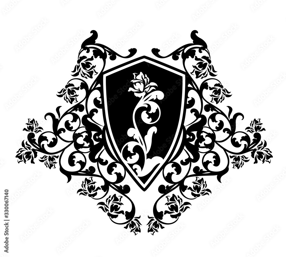 vintage style heraldic shield with rose flower - medieval style floral ...