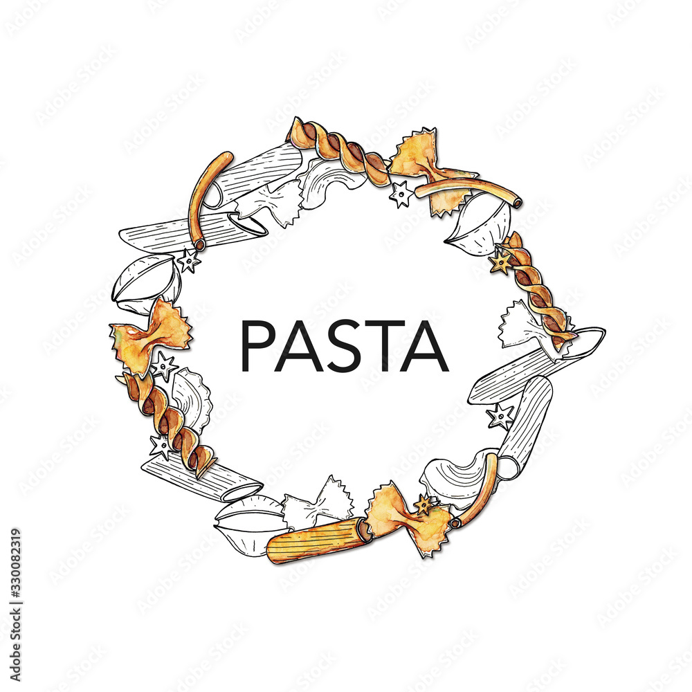 Hand drawn watercolor sketch illustration wreath of different varieties ...