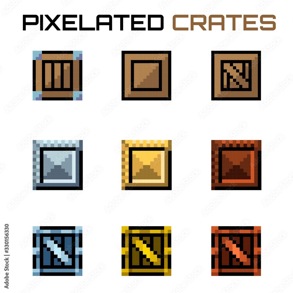 Nine different metal and wood pixelated crates in brown, gold and ...