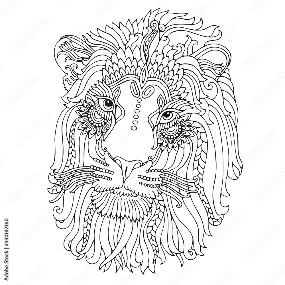 Hand drawn lion. Sketch for anti-stress adult coloring book in zen ...