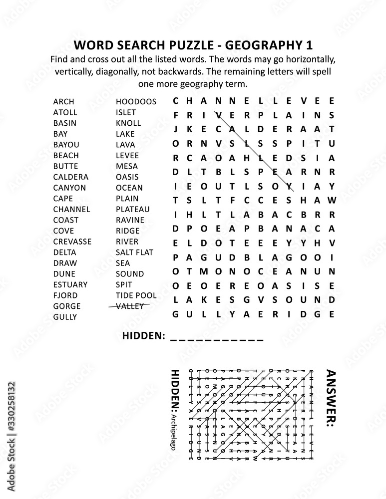 Geography terms (landforms) word search puzzle (suitable both for ...