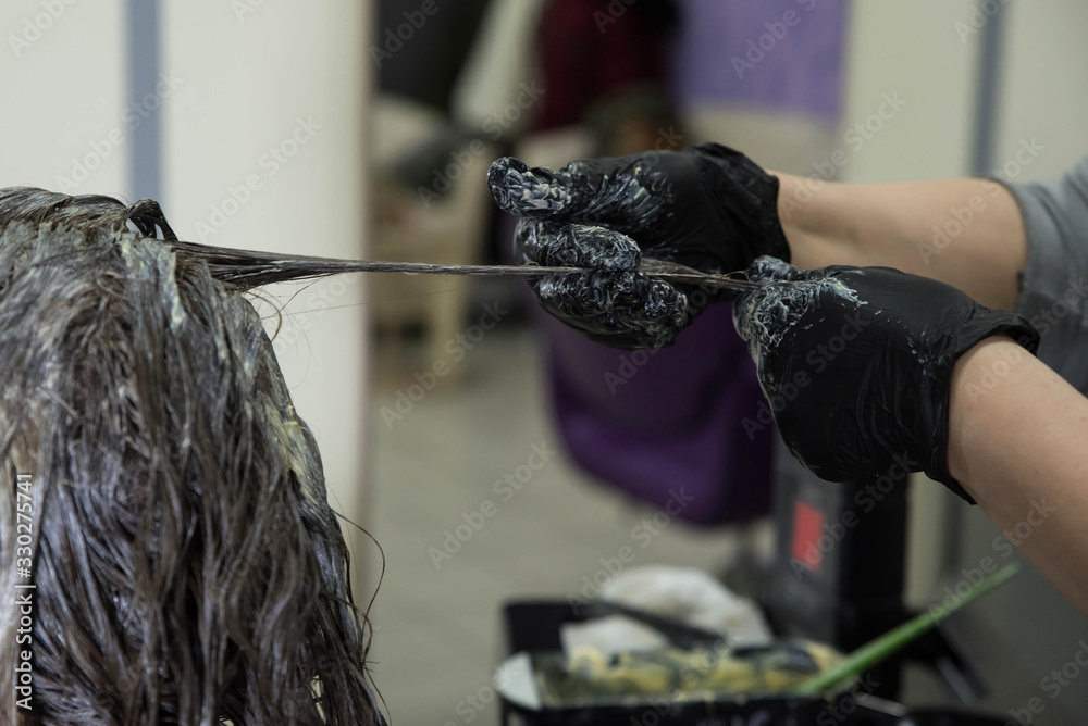 Professional hairdresser putting color mask dyeing hair of woman in ...