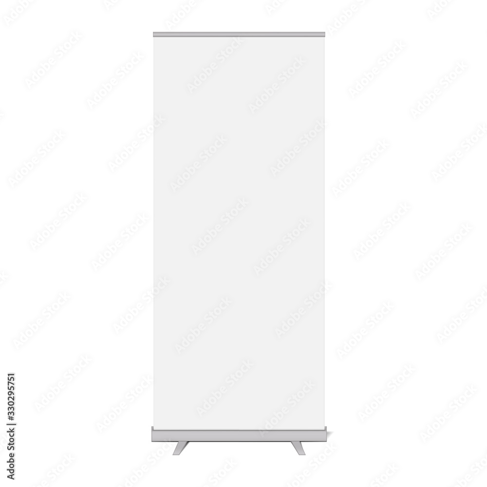 White blank roll-up banner stand, vector mockup. Vertical roller ...