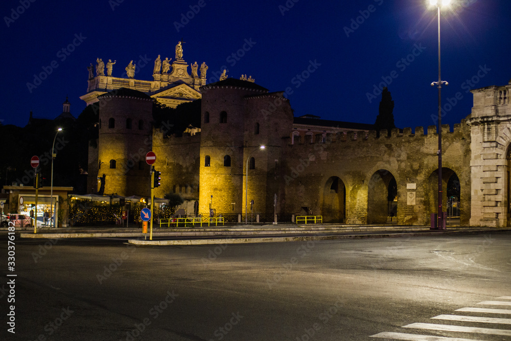 Rome, night city, the Lateran Palace and the Lateran Basilica. Piazza ...