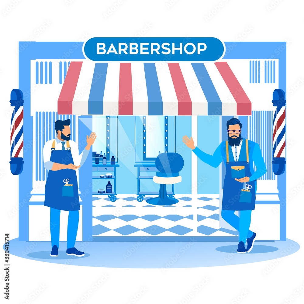 Couple of Barbers Barkers Stand in front of New Barbershop Entrance ...