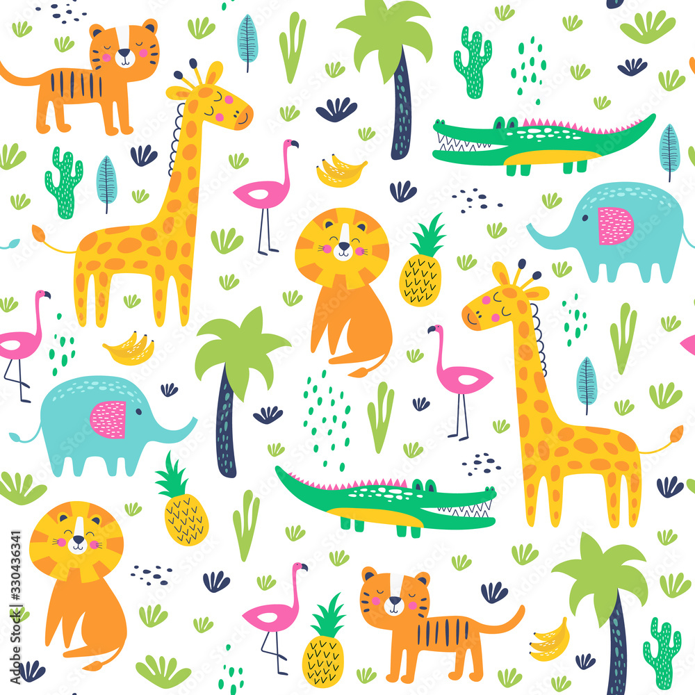 Seamless pattern wild animals in jungle. Kids vector Stock Vector ...