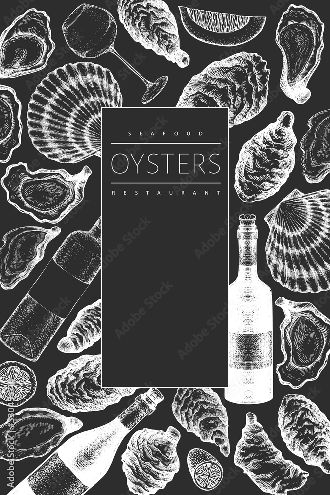 Oysters and wine design template. Hand drawn vector illustration on ...