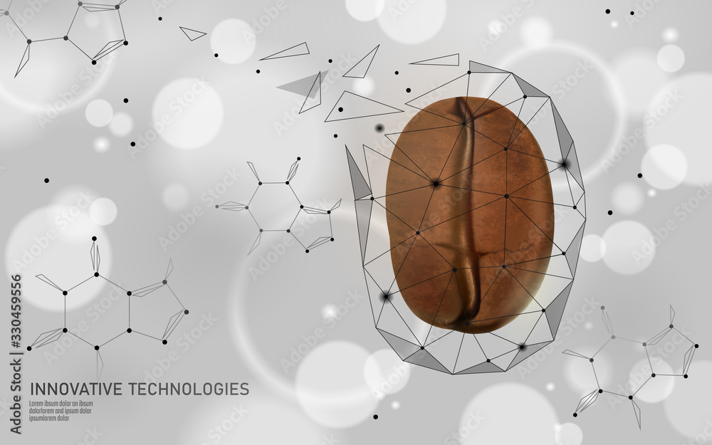 3D coffee bean realistic caffeine molecule. Low poly modern cafe ...