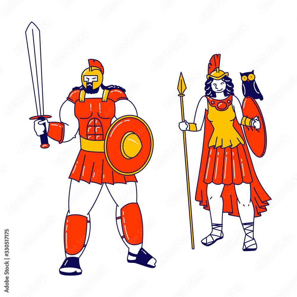 Pallas Athene and Ares Mars Olympian God and Goddess of War in Greek ...