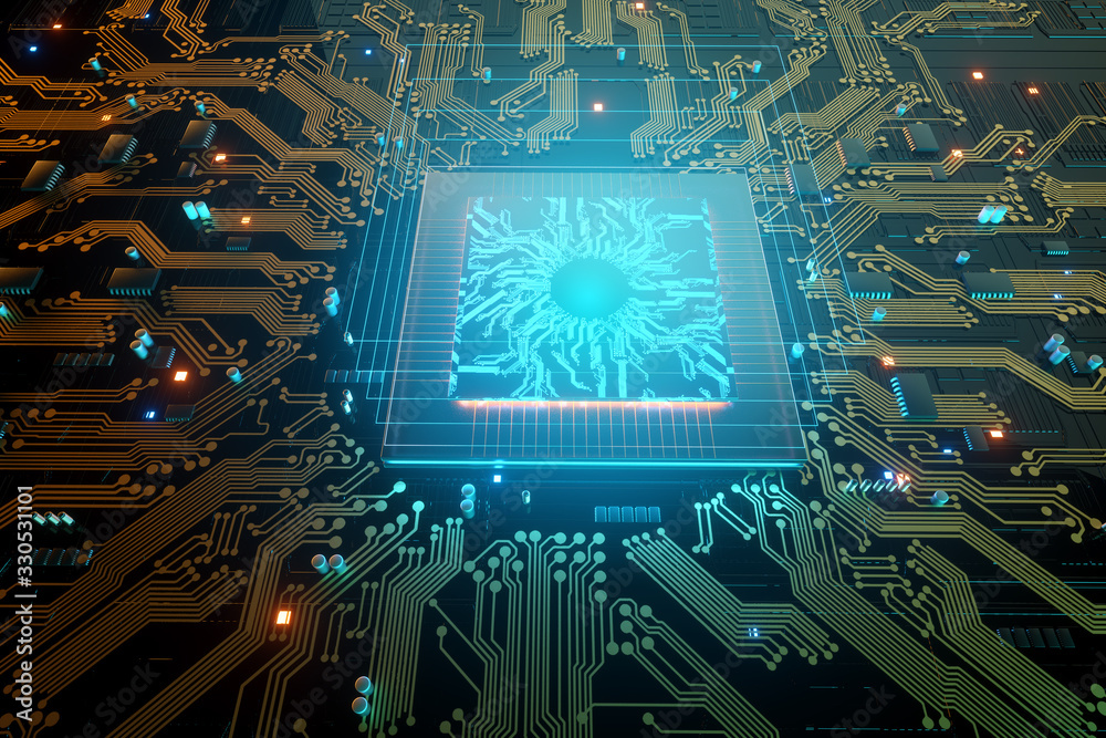 3D render CPU Technological background. Concept circuit board with computer central processing ...