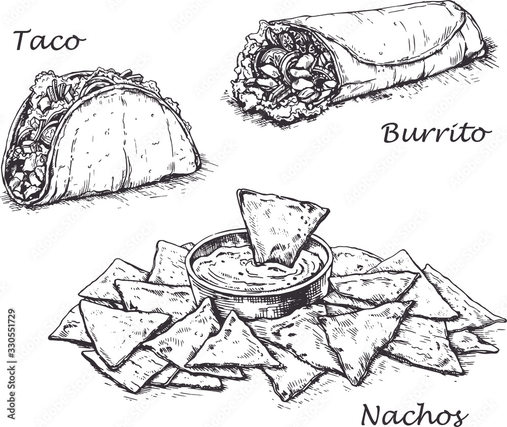 Mexican traditional food. Hand drawn sketch vector illustration ...
