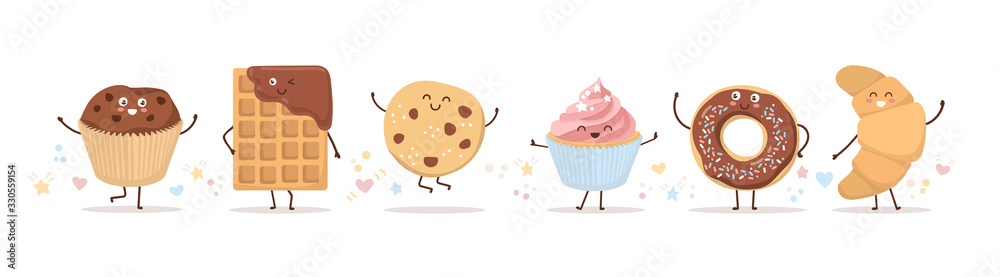Set of cute pastry characters in trendy Kawaii style. Choco waffle ...