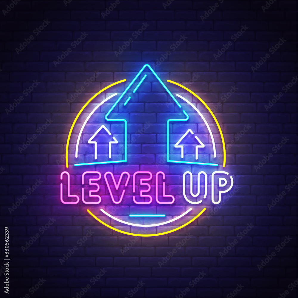 Level up neon sign, bright signboard, light banner. Game popup. Game ...