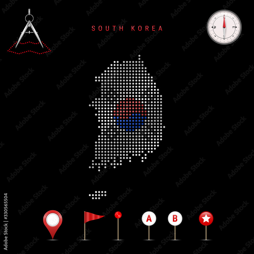 Dotted vector map of South Korea painted in the national flag colors ...