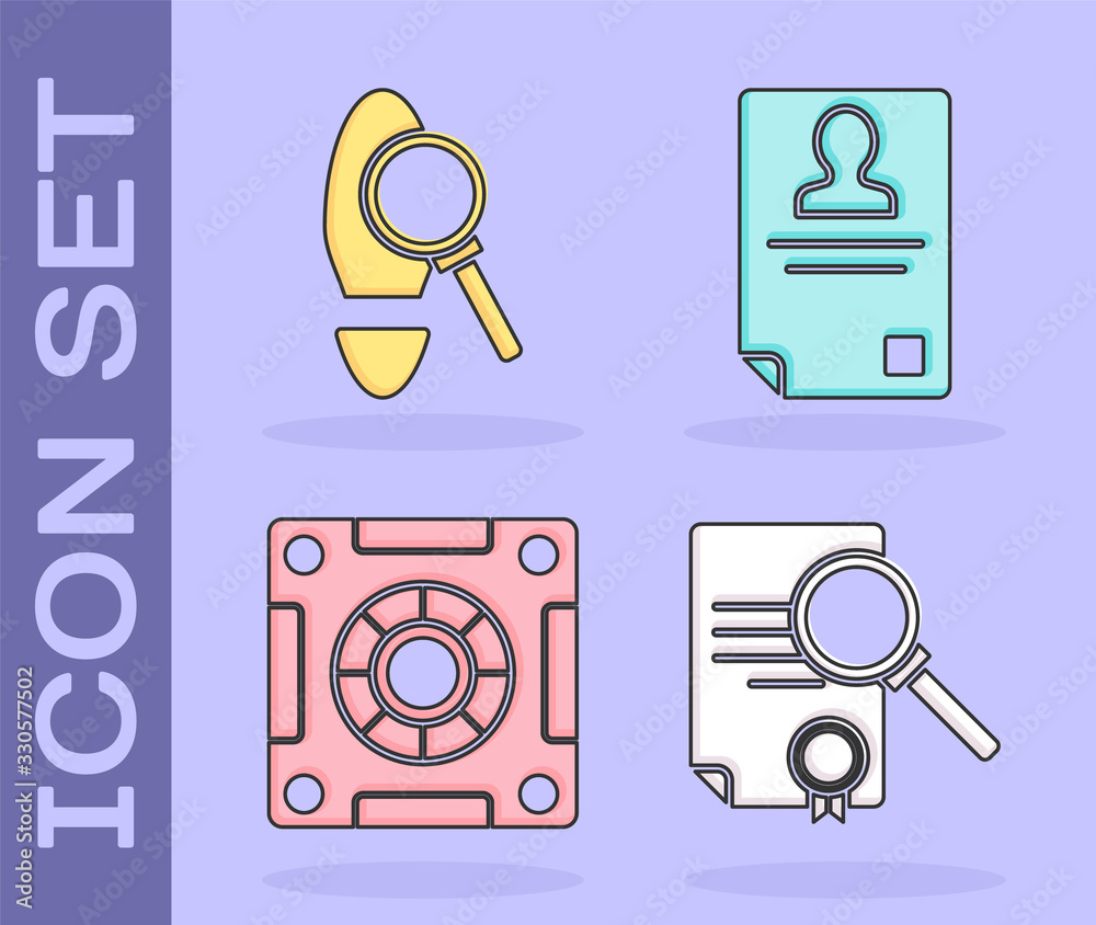 Set Document with search, Magnifying glass with footsteps, Safe and ...