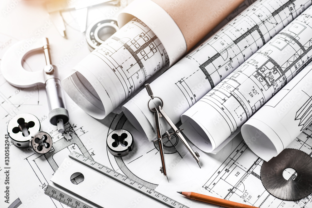 Technical drawings with measure tools. Pencil, measurement. Papers with ...