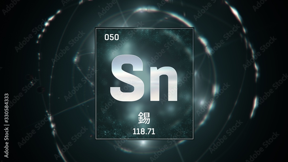 3D illustration of Tin as Element 50 of the Periodic Table. Green ...