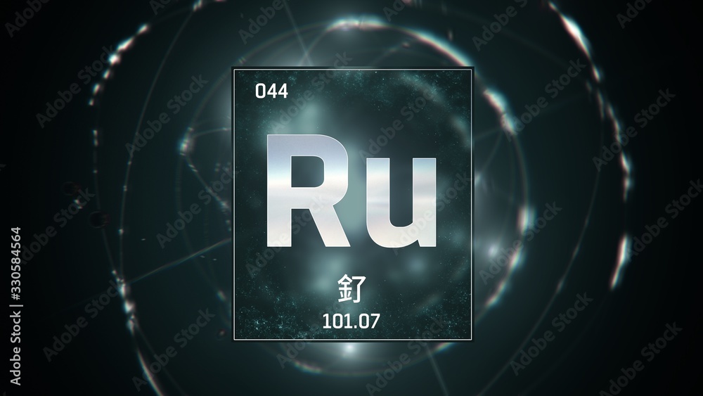 3D illustration of Ruthenium as Element 44 of the Periodic Table. Green ...
