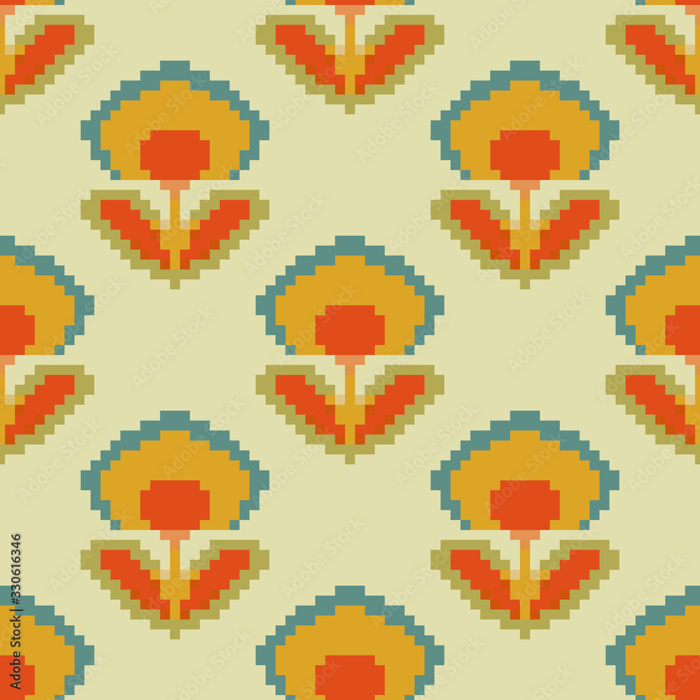Seamless retro pattern with flowers. Vector illustration in pixel art ...