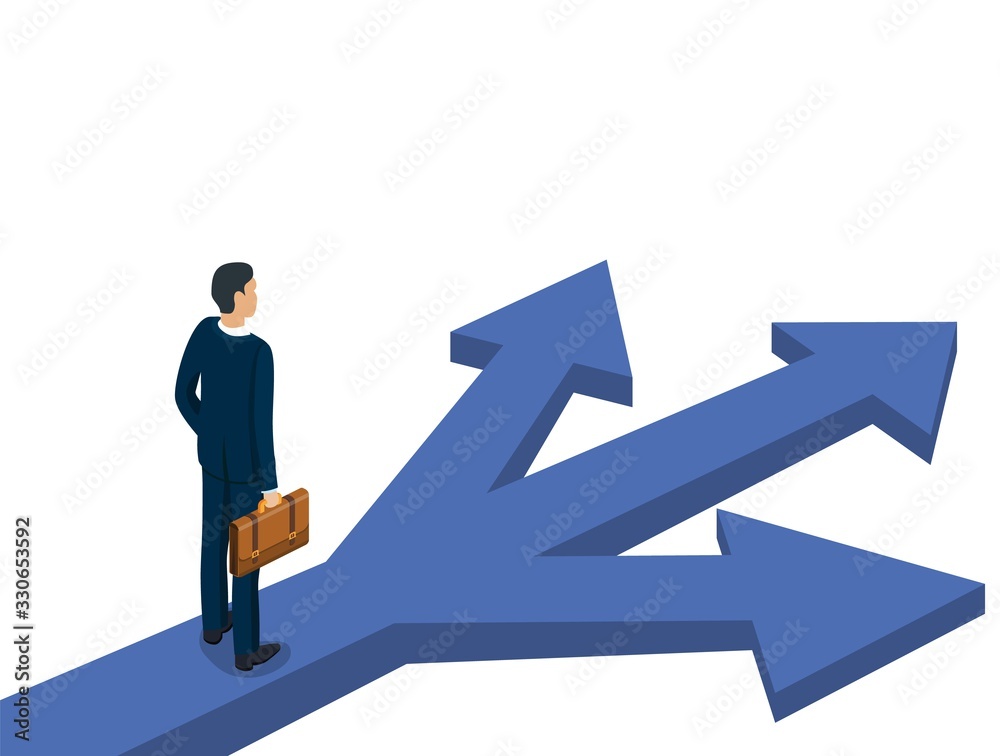 Choice way concept 3d isometric. Businessman before choosing ...