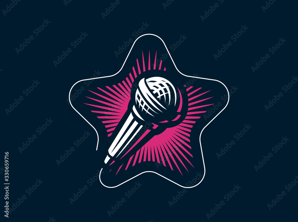 Karaoke club. Design microphone on star. Vector template for emblem ...