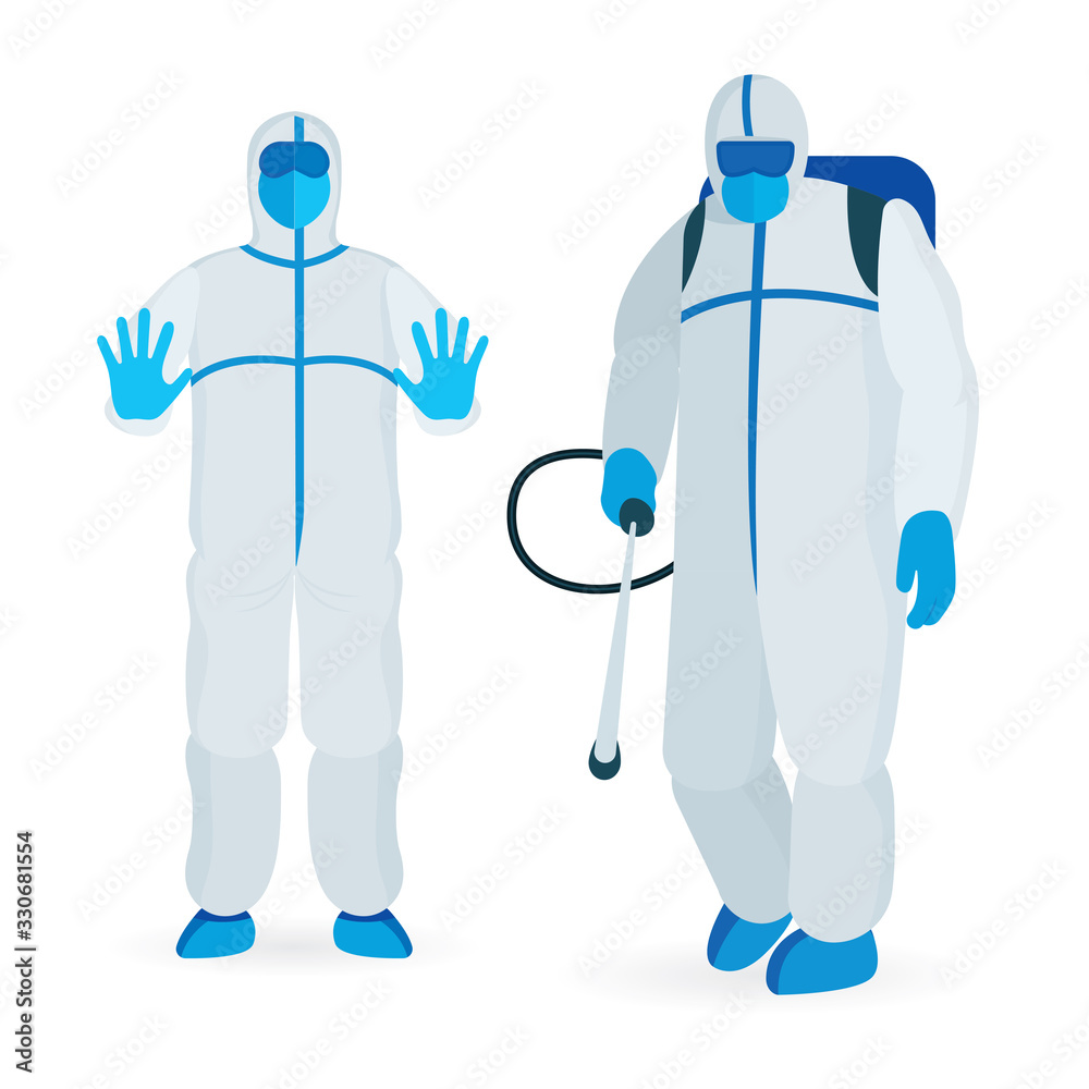 Disinfection team. Persons in viral protective suits. Specialists in ...