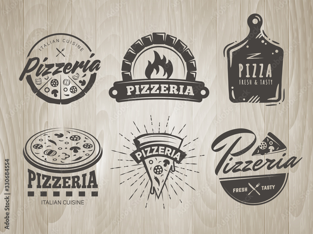 Pizza logos. Set of pizzeria badges with whole pizzas and slices ...