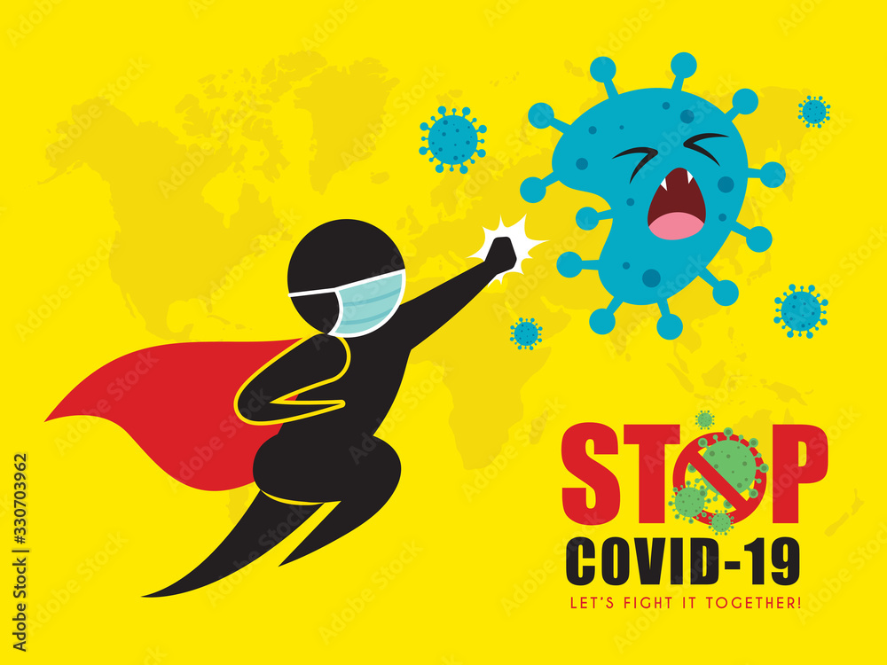 Superhero stick figure man in medical face mask attack coronavirus ...