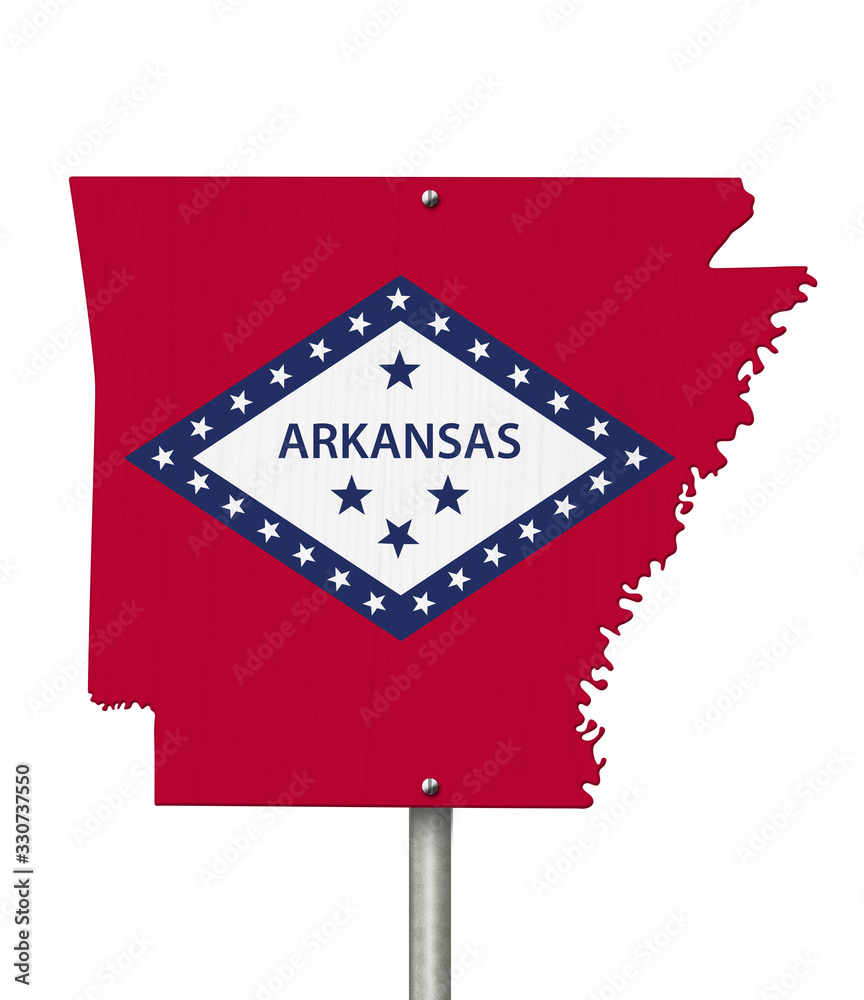 State of Arkansas road sign in the shape of the state map with the flag ...