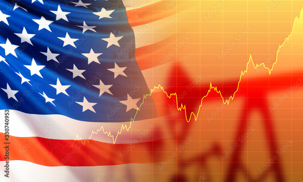 Growing schedule and oil rigs against the background of the US flag ...