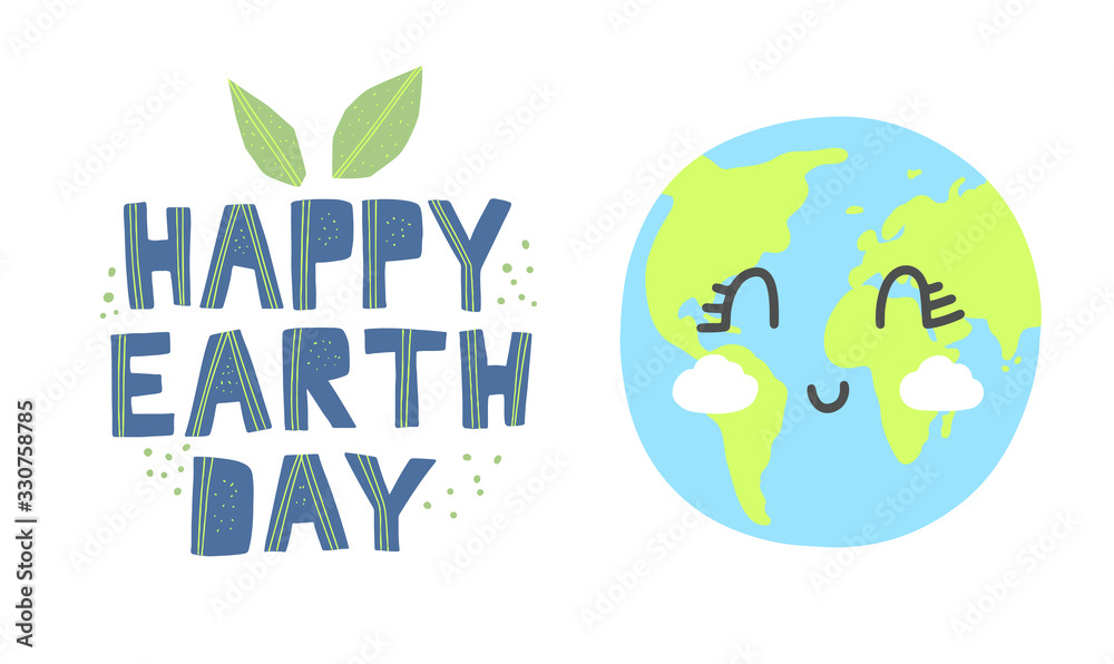 Happy earth day banner. Cartoon cute earth with happy expression. Happy ...