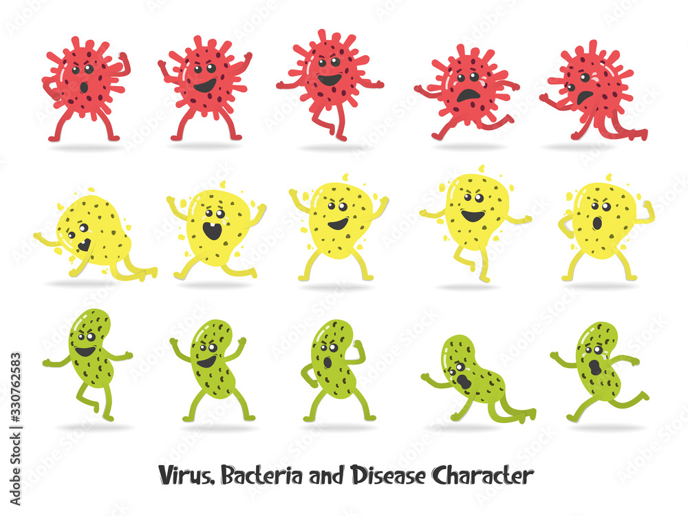 Set of cartoon character virus, bacteria and disease in flat vector ...