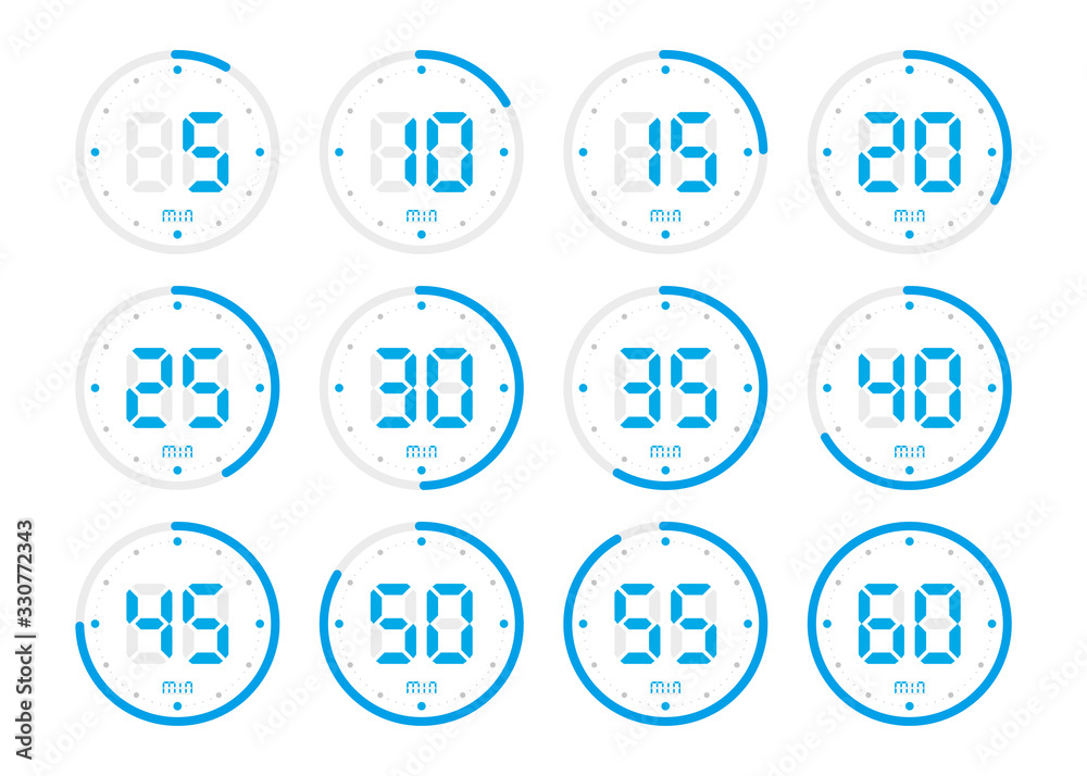 Timer, clock, stopwatch isolated set blue icons on white background ...