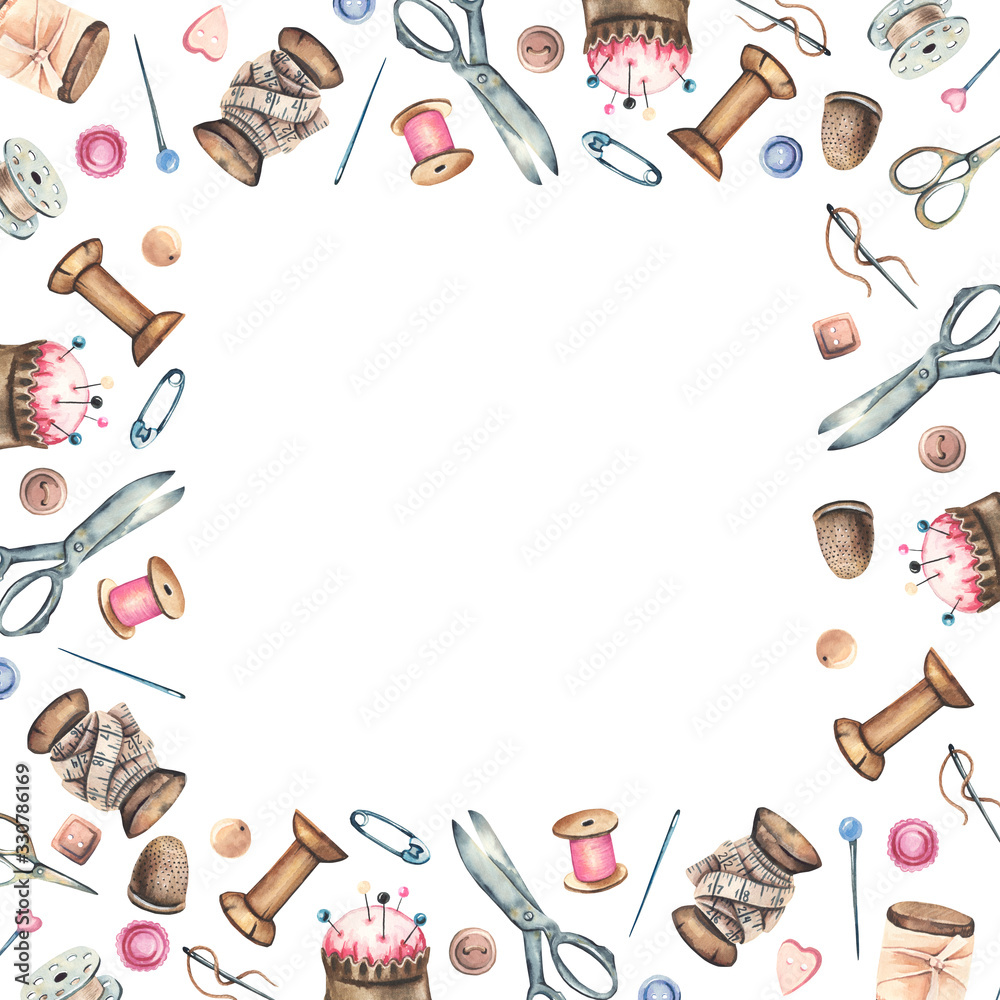 Watercolor sewing seamless border, frame on white background. Vintage ...