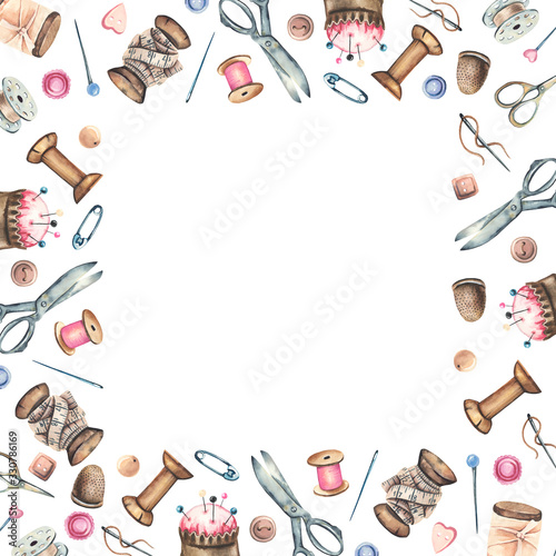 Watercolor sewing seamless border, frame on white background. Vintage ...