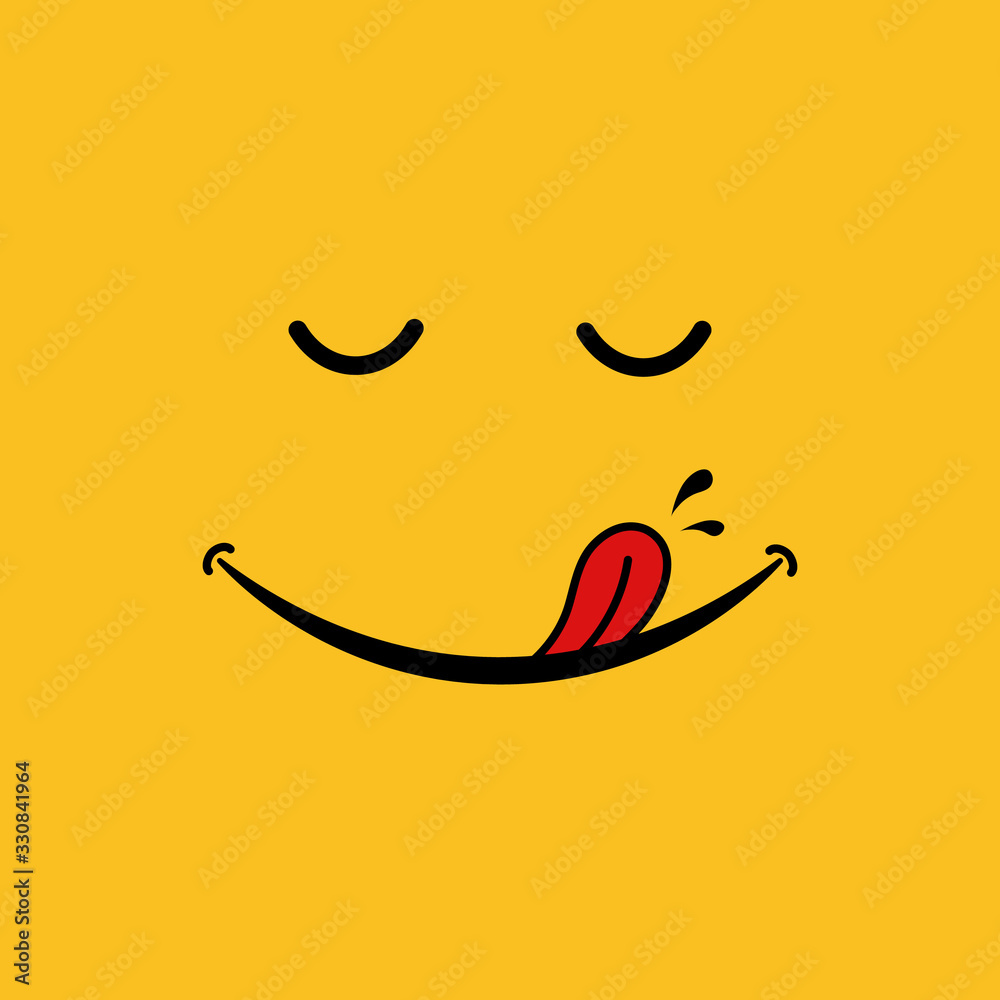 Smile icon on yellow background. Tasty food logo with funny face and ...