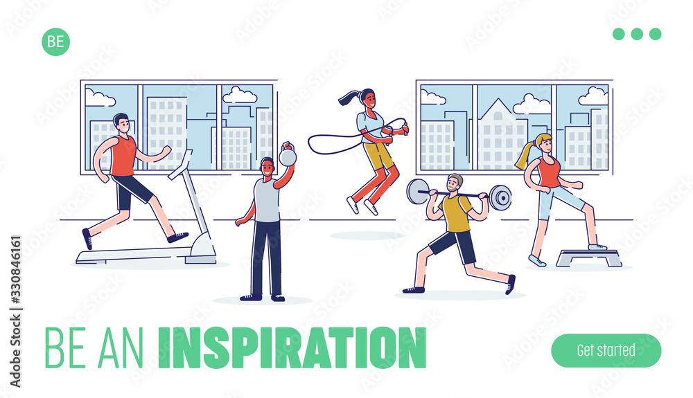 Trainings In Gym Concept. Website Landing Page. Group Of People Are ...