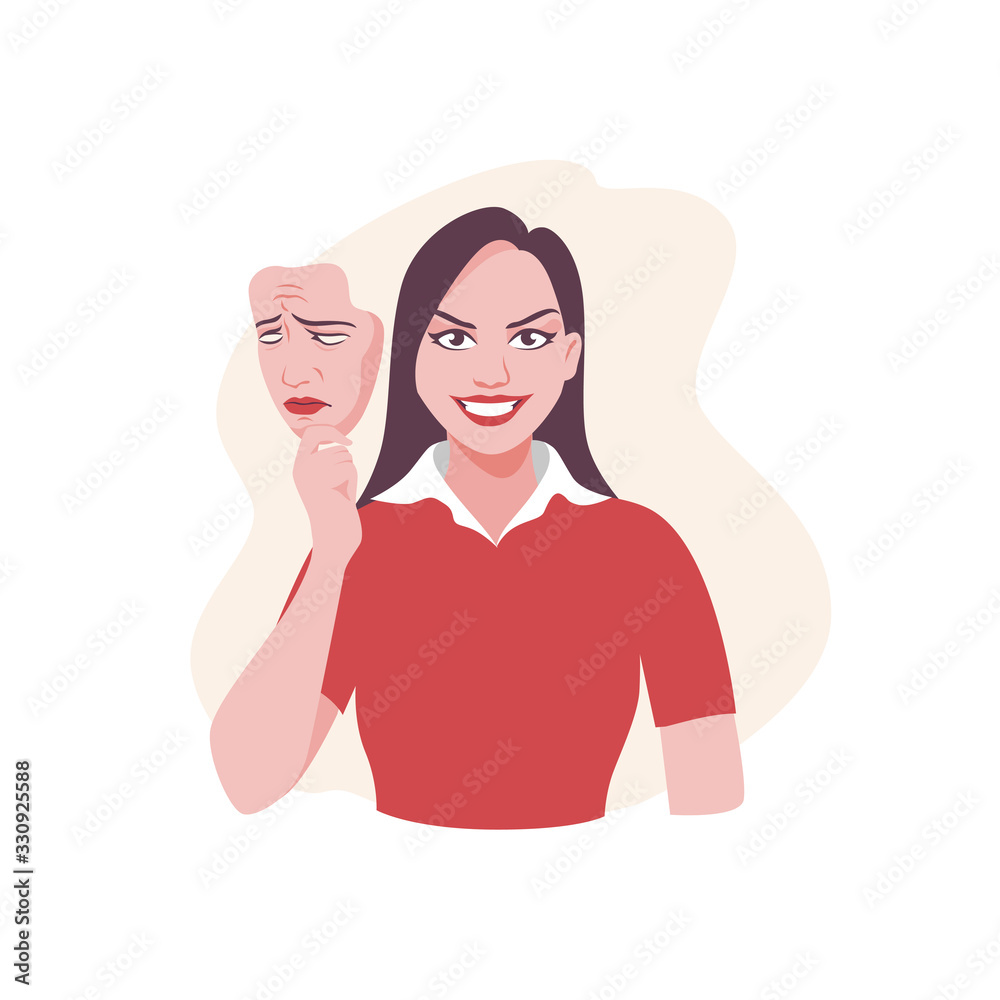 Image vectorielle Stock Happy cartoon woman holding sad mask vector ...