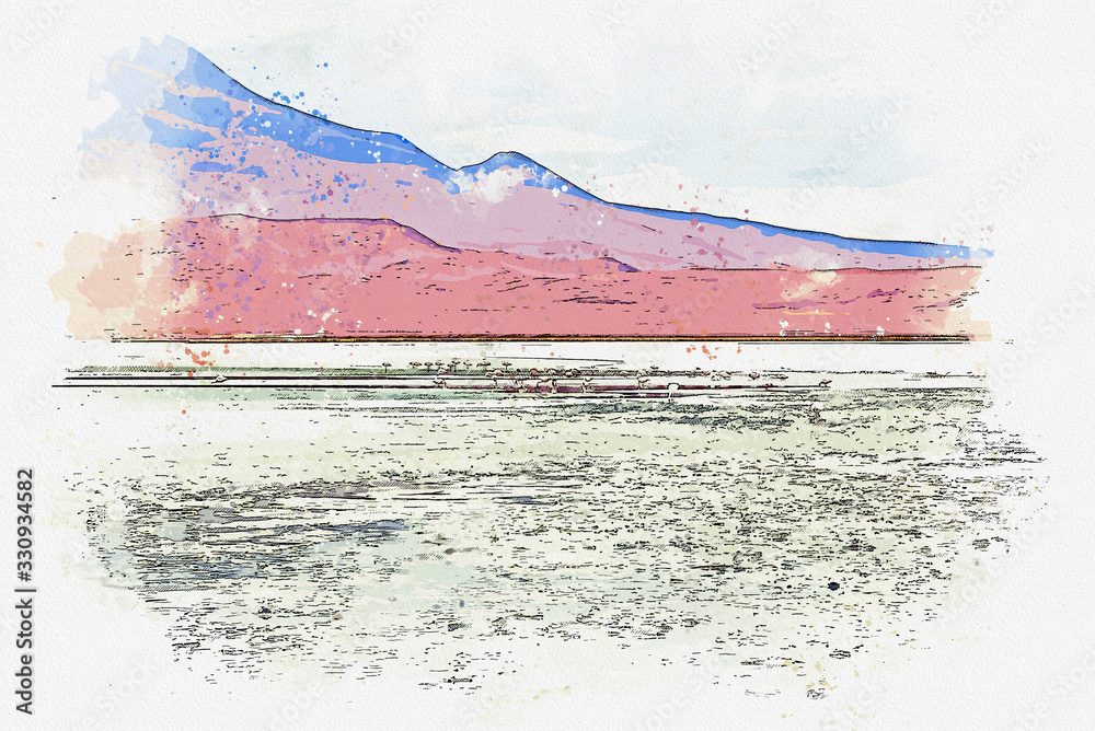 Watercolor drawing picture beautiful landscapes view of Laguna Colorada ...