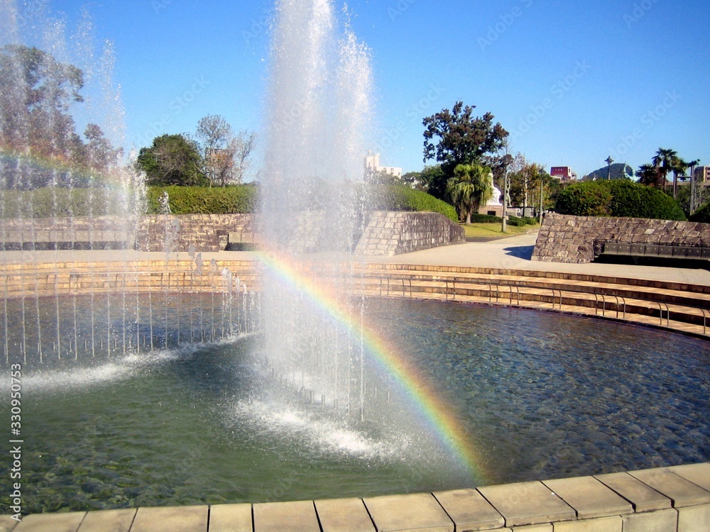 The Peace Park fountain in Nagasaki, Japan. The park commemorates the ...