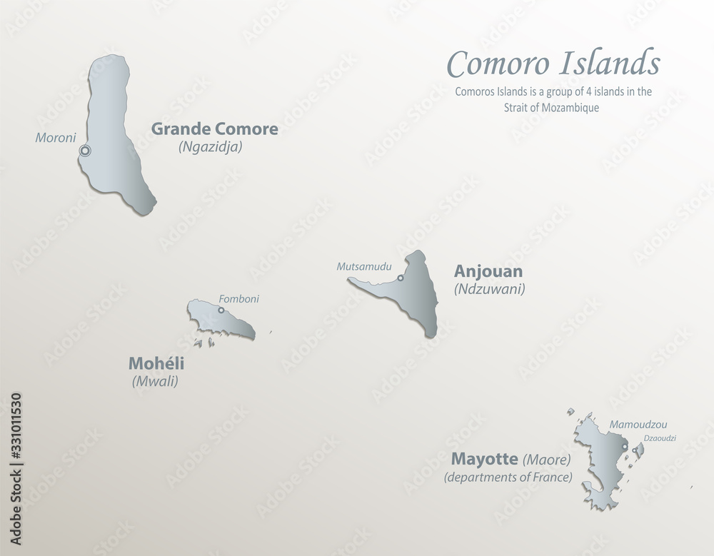 Comoro islands map and names city, white blue card paper 3D vector ...