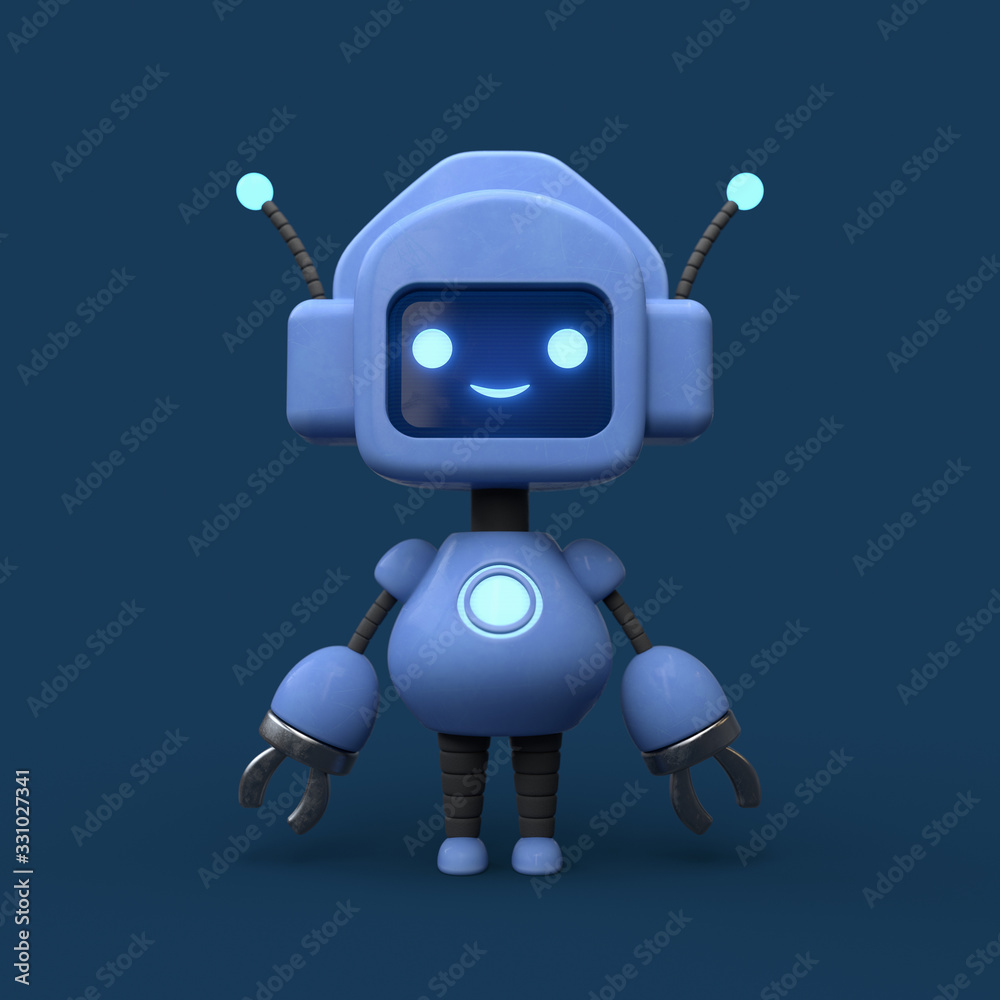Little cute blue robot with antenna. Friendly kawaii bot with glowing ...