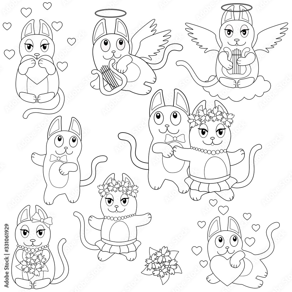 Set of cute, funny linear vector cats for coloring. Outline. Line ...